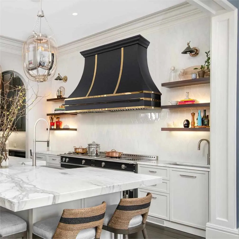Fobest Custom Black Stainless Steel Kitchen Hood with Polished Brass S