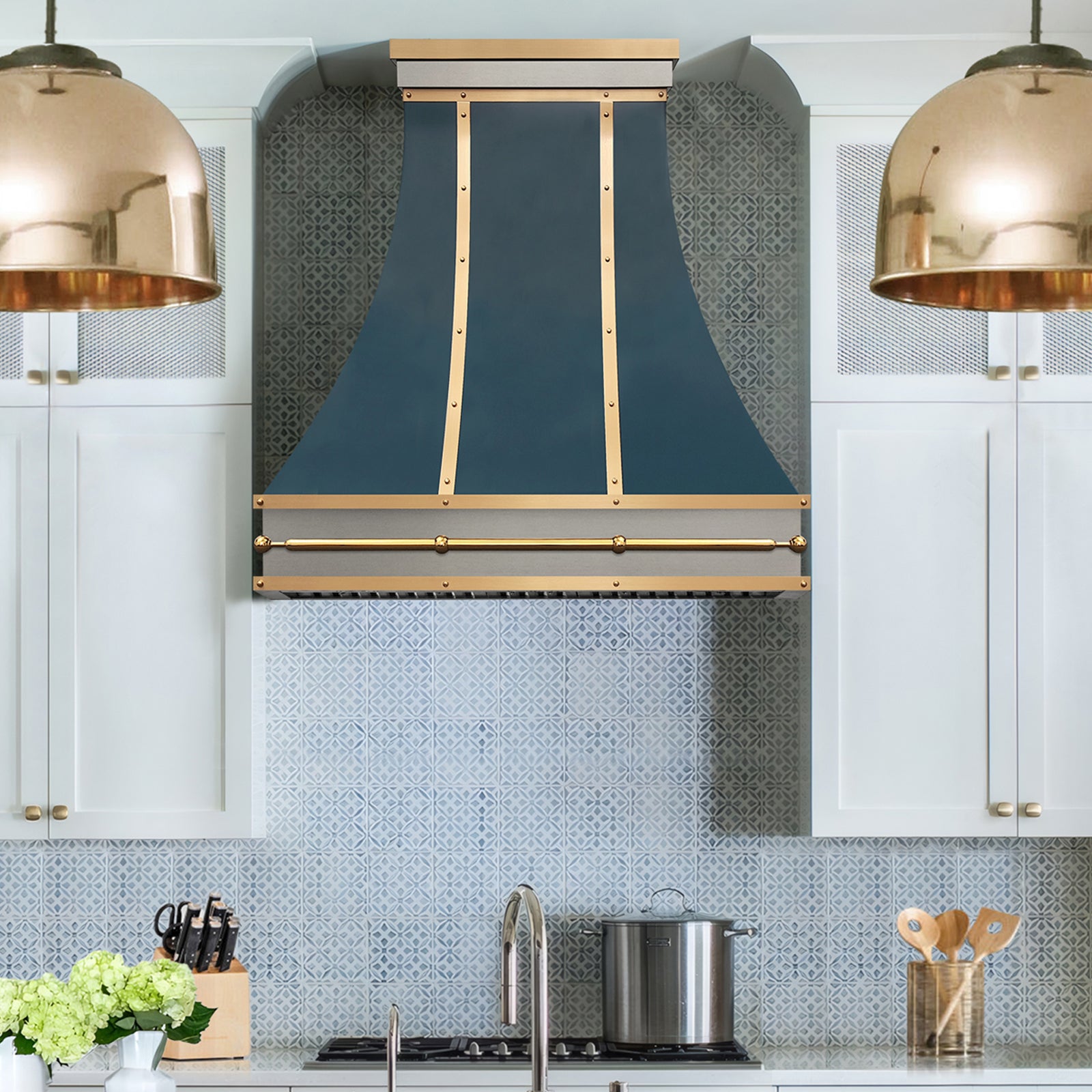 Fobest Dark Blue Designer Kitchen Hood with Brushed Brass Decor FSS-52